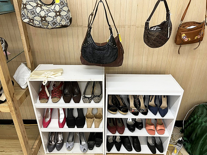 Handbags hanging like ripe fruit above meticulously organized shoes&mdash;proof that secondhand doesn't mean second-rate when it comes to fashion.