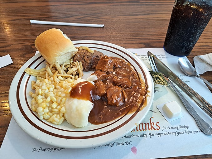 Dienner's hearty roast beef dinner with gravy, mashed potatoes, corn, and a fresh roll &ndash; comfort food that rivals even their legendary pies.