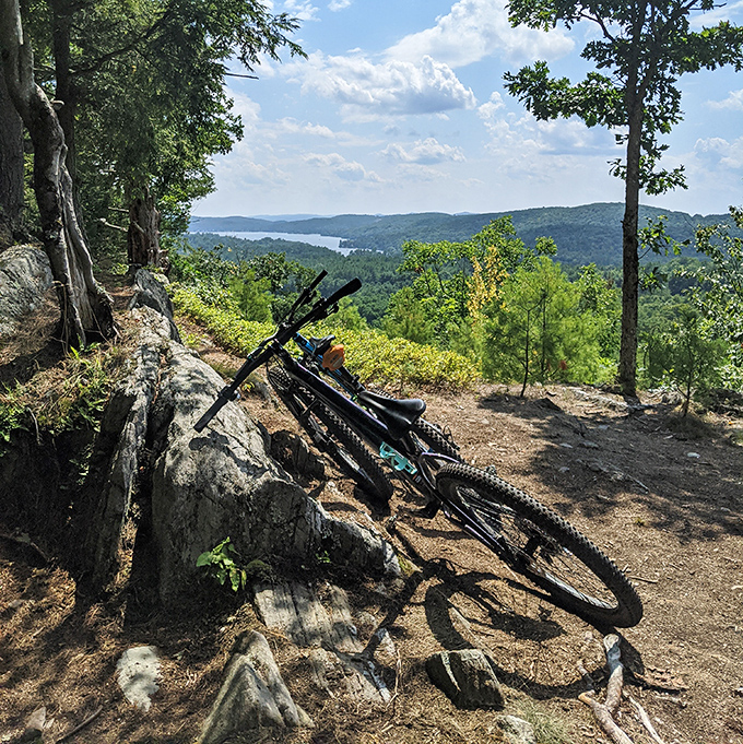 Adventure paused mid-trail. This mountain bike rests against ancient rock while offering its rider a panoramic reward worth every uphill pedal stroke.