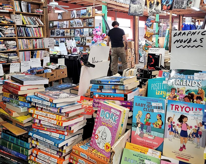 Literary treasures stack floor to ceiling – where else can you find childhood classics, vintage cookbooks, and that paperback you've been meaning to read?