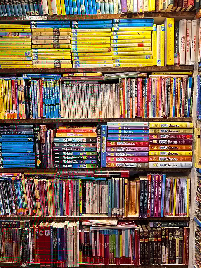 A bibliophile's dream organized by color and nostalgia. Those Nancy Drew and Hardy Boys spines transport you back to flashlight-under-the-covers reading sessions.