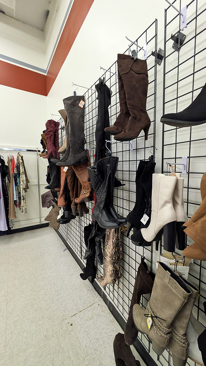 Boot boulevard: where footwear fantasies hang in suspended animation, waiting for their next adventure.