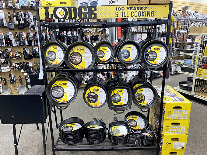 Lodge cast iron cookware display: where your grandmother's cooking wisdom meets modern kitchen style. These pans will outlive your kitchen renovations.