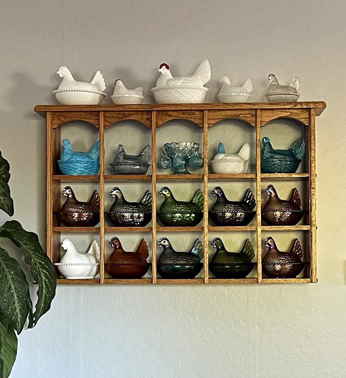 The chicken coop of your dreams! These ceramic fowl have been nesting here longer than most retirement plans have been maturing.