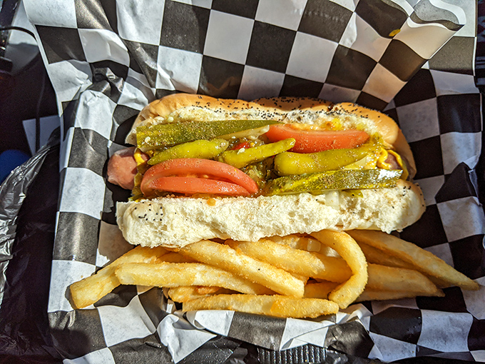 The Chicago dog in all its "dragged through the garden" glory. No ketchup in sight, just as the hot dog gods intended.