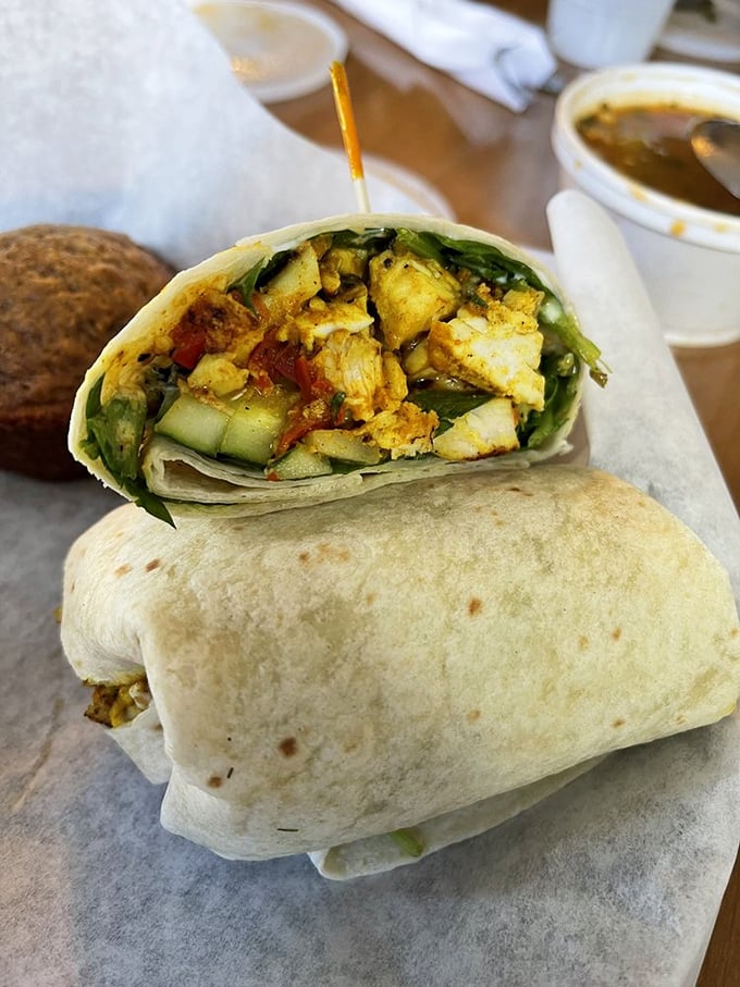 Not all wraps are created equal&mdash;this one's bursting with seasoned chicken and fresh veggies like it's trying to win a flavor competition.