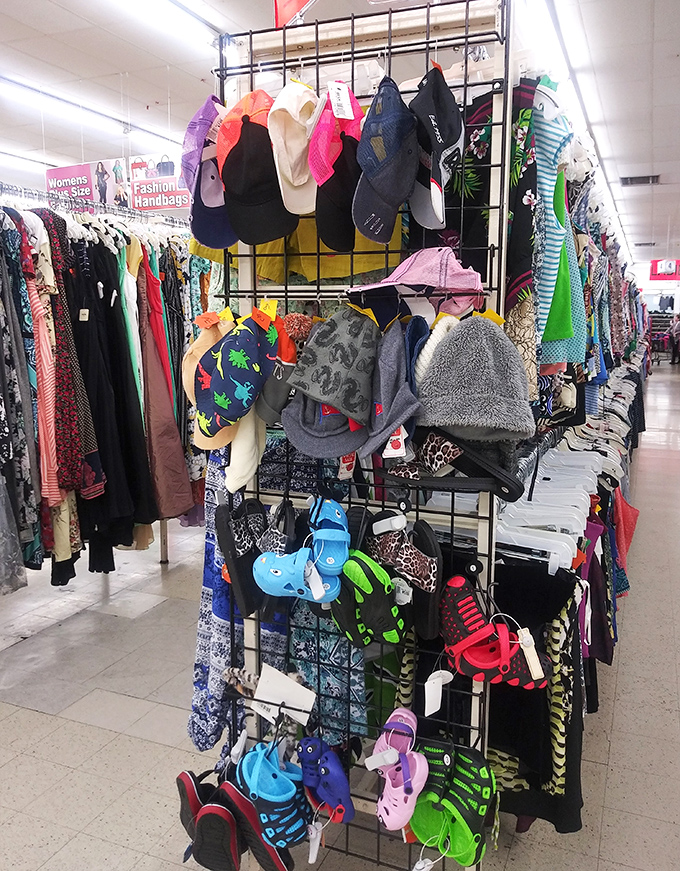 A treasure trove of hats and children's footwear awaits! Like a colorful archaeological dig where the artifacts are actually wearable and under five bucks.