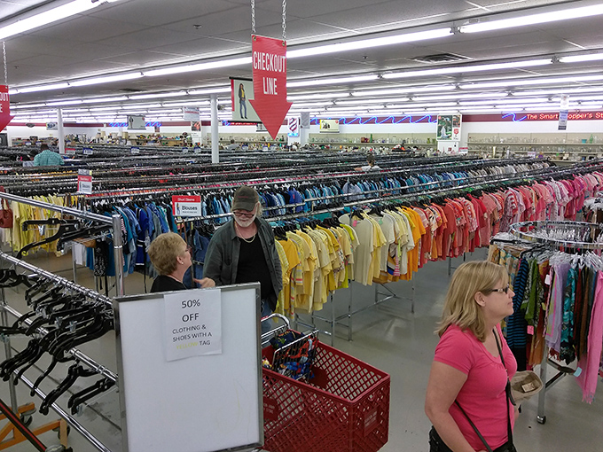 Color-coded clothing racks stretching farther than the eye can see—it's organized chaos at its finest.