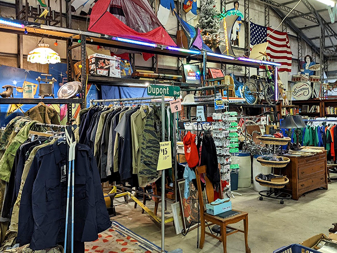 The clothing department follows one simple organization system: "If it fits, we ships." That Dupont sign has seen more fashion trends than Vogue.