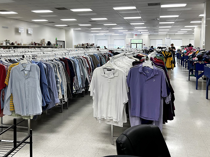 The men's clothing section&mdash;where dress shirts stand at attention like they're auditioning for their next career opportunity.