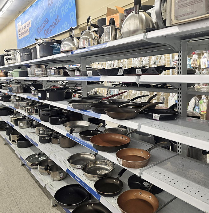 The cookware aisle &ndash; where seasoned cast iron pans with decades of flavor meet pristine never-used wedding gifts, all priced less than a fancy coffee.