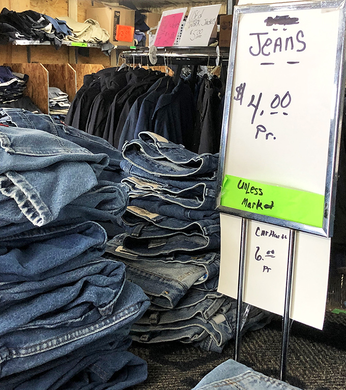 Denim heaven at $4 a pair! In the land of retail markup rebellion, these jeans stack up as monuments to practical fashion.