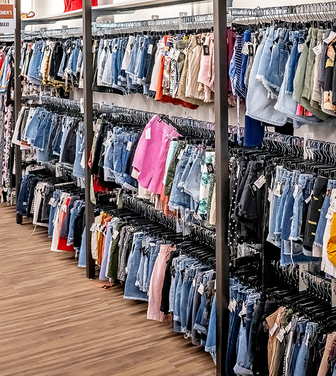 A denim lover's dream sequence, organized by color like a fashionable paint chip display that won't require a home equity loan.