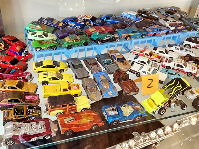 Miniature automotive history on display. Each tiny car represents someone's childhood racing dreams, now waiting for their next pit stop.
