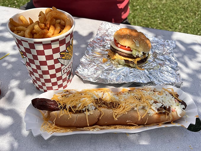 The holy trinity of roadside dining: a cheeseburger, fries, and a chili dog. This isn't a meal; it's a Norman Rockwell painting you can eat.