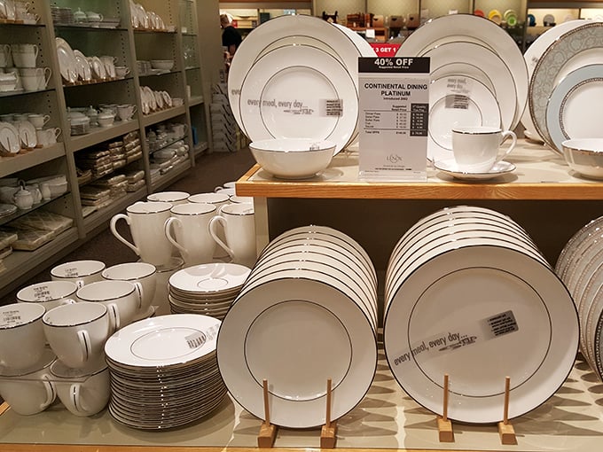 Fine china displays that whisper, "Yes, you deserve dinnerware that costs less than your monthly car payment for once."