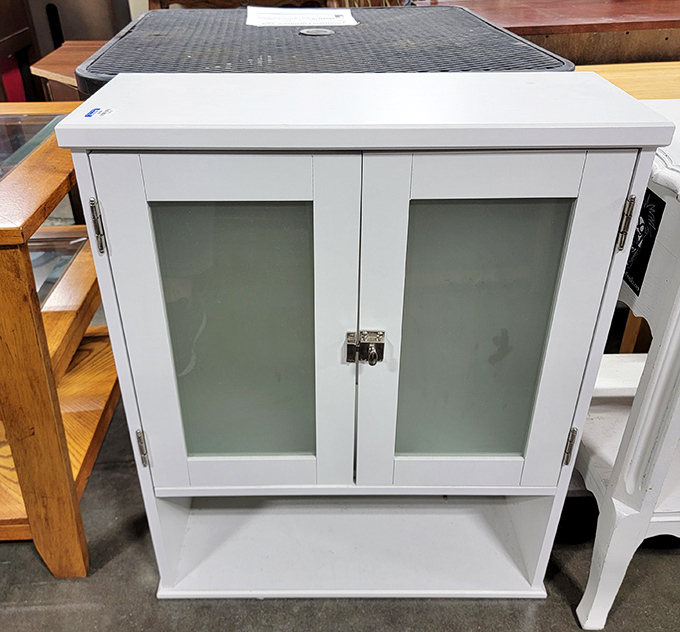 This pristine bathroom cabinet whispers of organization possibilities. Someone's medicine bottles and towels could find a stylish new home here.