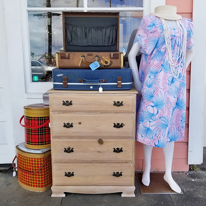 The perfect starter kit for time travelers. Vintage suitcases, a sturdy dresser, and a dress that's ready for its second coming-out party.