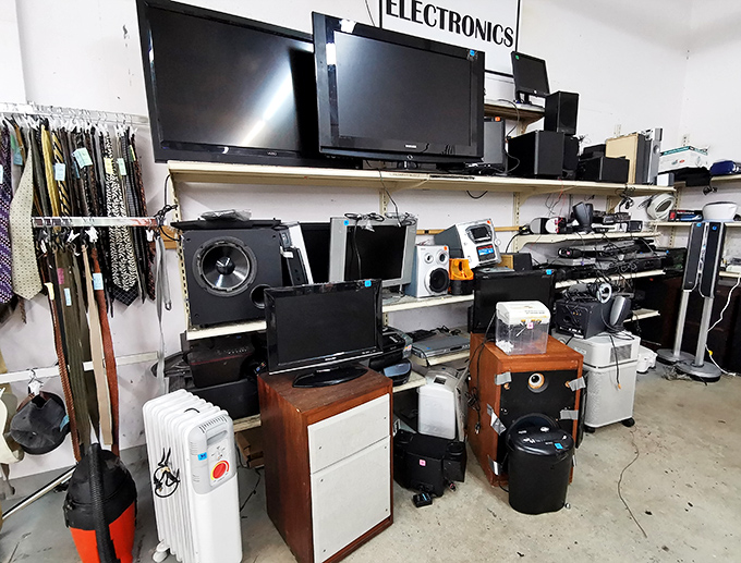 The electronics corner &ndash; where vintage tech enthusiasts and practical bargain hunters engage in a silent standoff.
