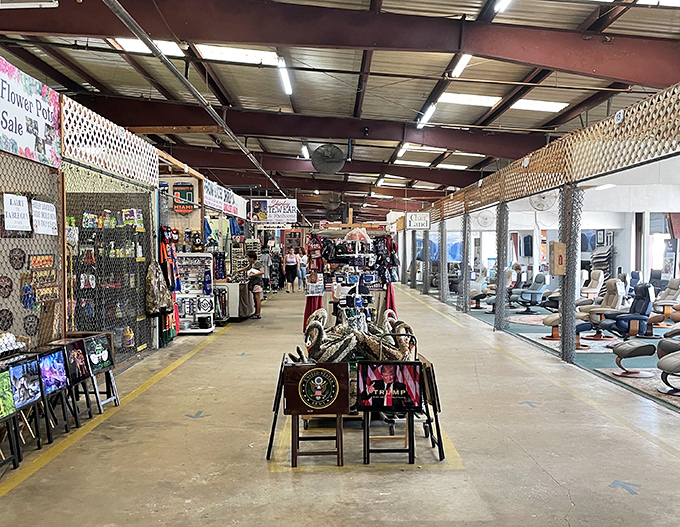 The market's interior stretches like a small city of possibilities, where military memorabilia neighbors massage chairs in perfect retail harmony.
