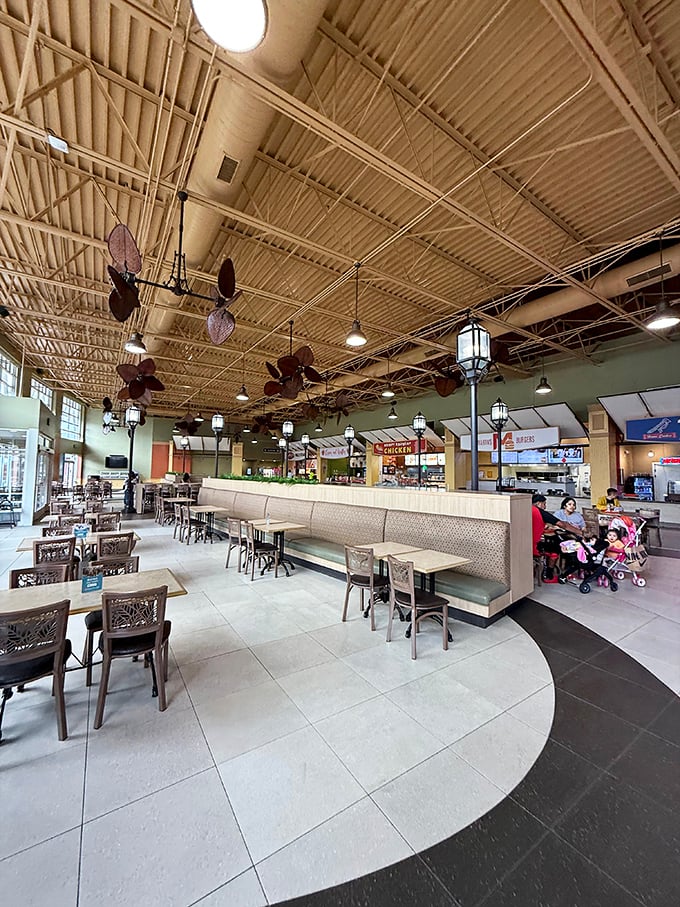 Modern food court design blends comfort with style, providing the perfect pit stop for refueling shopping marathons.