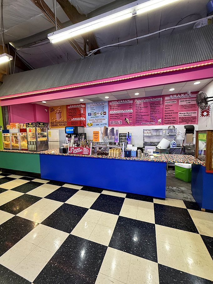 The snack counter's retro checkerboard floor takes you back to simpler times when ice cream solved everything.