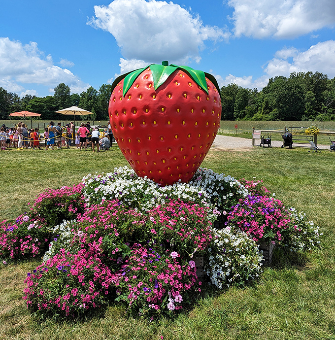 That giant strawberry sculpture makes the perfect backdrop for photos that'll make your friends berry jealous.