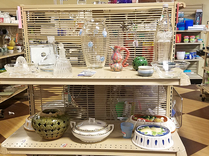 Glassware gleams under fluorescent lights, from crystal punch bowls to ceramic dishes with mysterious backstories.