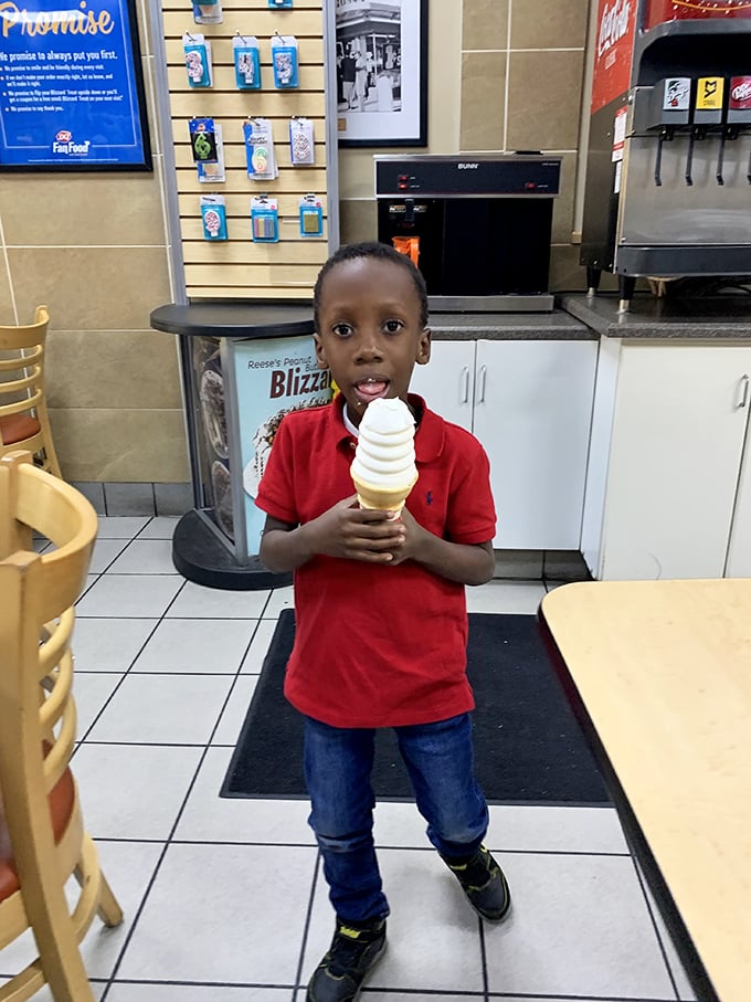 The universal shopping mall reward system: ice cream. This little shopper knows the sweet taste of victory after a day of following adults around stores.