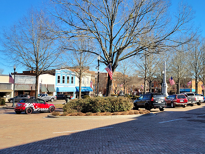 Winter in Abbeville brings bare trees and brick streets that could star in their own Hallmark movie. That checkered Mini Cooper adds just the right splash of whimsy.