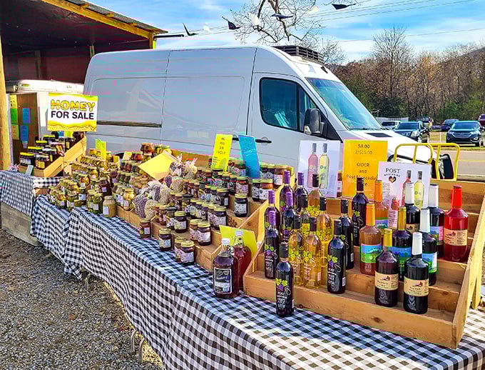 A honey lover's dream display. Each jar contains liquid gold produced by Alabama's hardest workers&mdash;and I'm not talking about the vendors who set up at 5 AM.