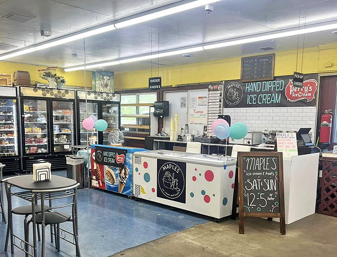 Hand-dipped ice cream provides sweet relief for weary shoppers. The polka-dotted counter promises childhood nostalgia in every scoop.