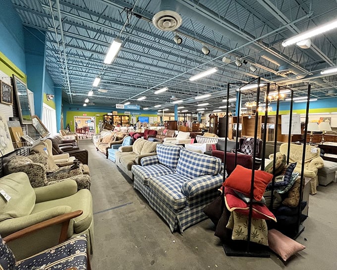 The warehouse's open ceiling and organized chaos create an oddly meditative shopping experience for dedicated hunters. 