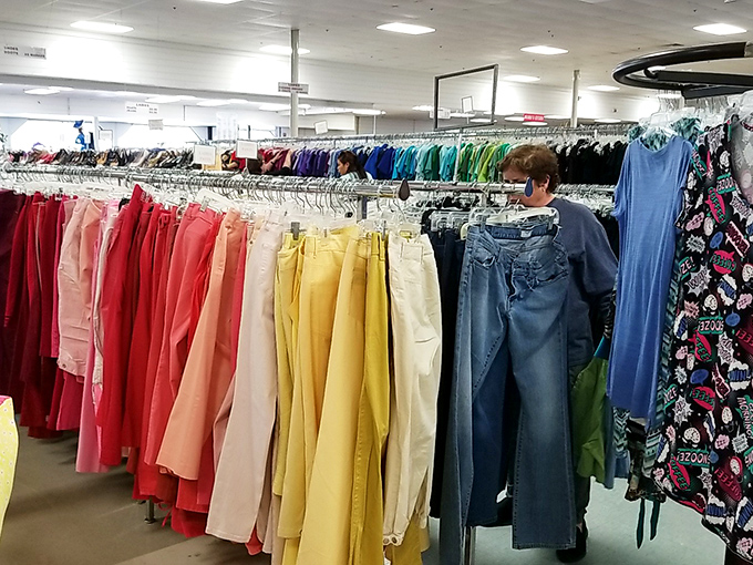 The clothing section is organized by color, creating a visual feast that makes finding your perfect shade of yellow pants surprisingly easy.