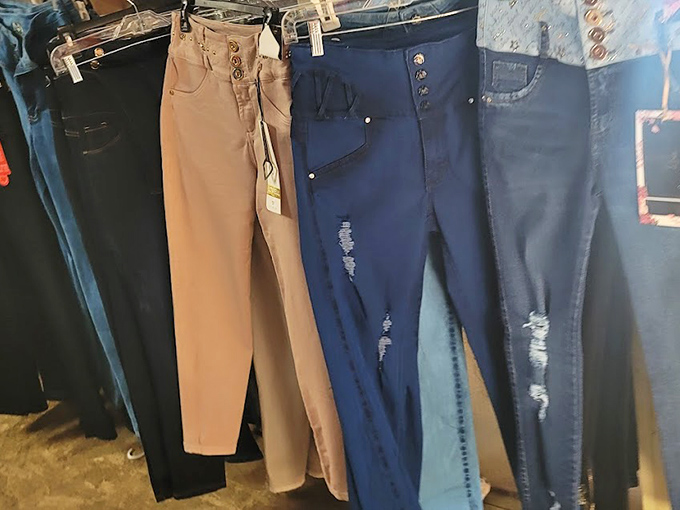 Denim democracy in action&mdash;jeans of every shade and style hanging in perfect formation, waiting for their perfect match to walk by.