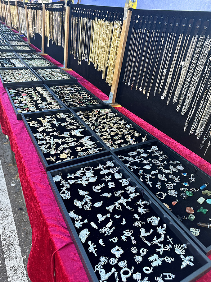 Treasure island for magpies! This dazzling display of silver jewelry transforms ordinary shoppers into pirates eyeing their next shiny acquisition.
