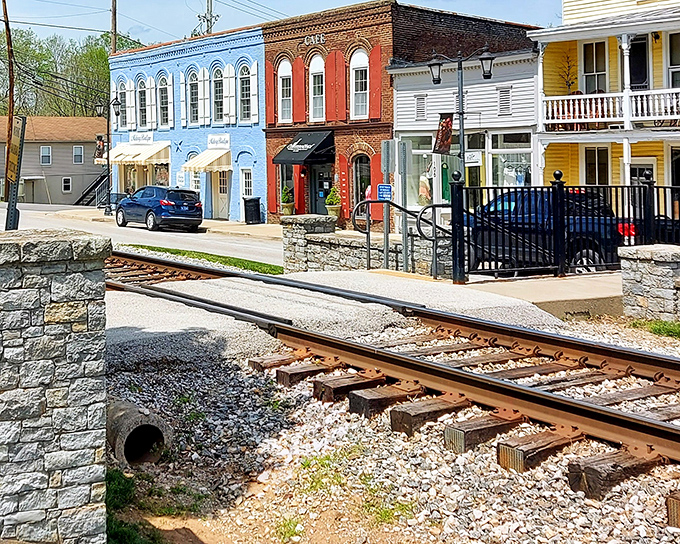 The blue, red, and white buildings of downtown Midway create a patriotic palette without even trying. Railroad tracks remind you of the town's transportation heritage.