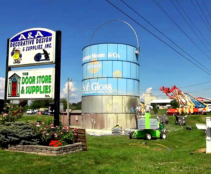 Looking up at greatness! The repurposed silo-turned-paint-can demonstrates upcycling on a scale that would make HGTV hosts weep with joy.