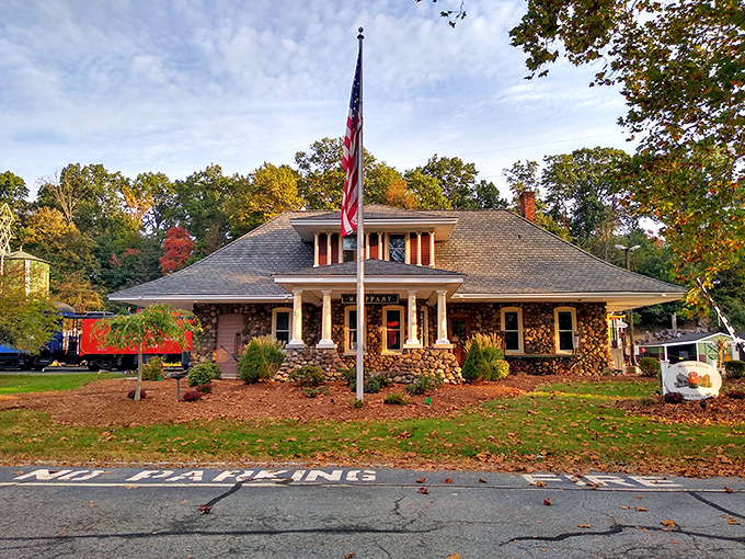 A picture-perfect stone station house stands as a testament to the craftsmanship of another era. Fall foliage complements this architectural gem of railroad history.