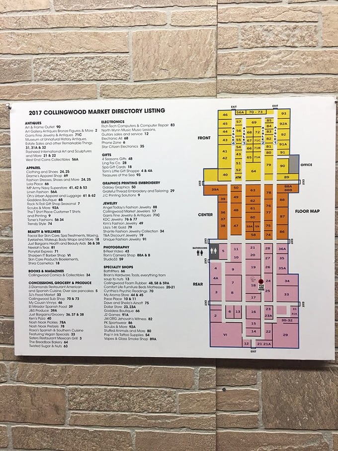 The market's master plan reveals itself! This directory map is the treasure hunter's compass, guiding visitors through a labyrinth of vintage finds and local specialties.