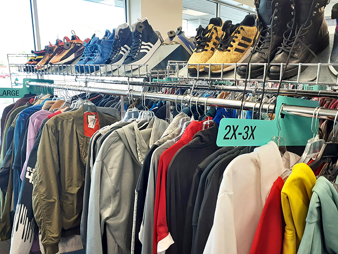 The men's section proves secondhand shopping isn't just for the ladies, with everything from casual tees to interview-ready button-downs.