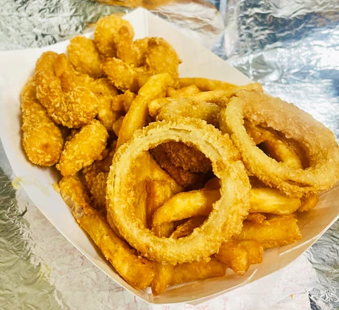 Golden halos of deep-fried perfection alongside crispy nuggets of joy. These onion rings and chicken bites aren't just sides&mdash;they're the supporting actors who steal the show.