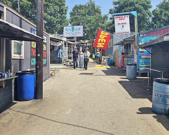 The alleyways between vendors create their own neighborhood vibe, complete with BBQ joints that'll make you forget you came to shop.