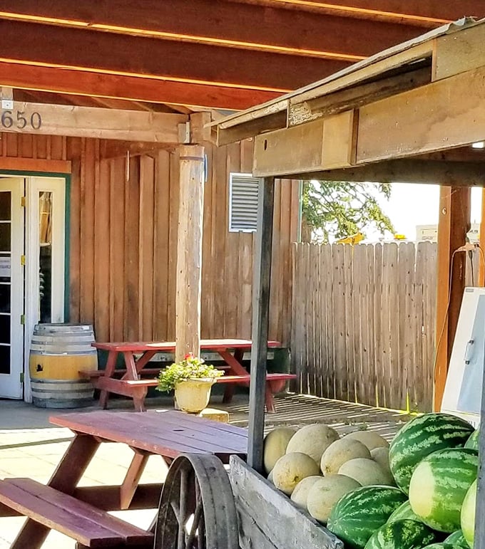 Picnic tables, fresh melons, and Oregon sunshine&mdash;the farmstand's outdoor area invites you to linger a while longer.