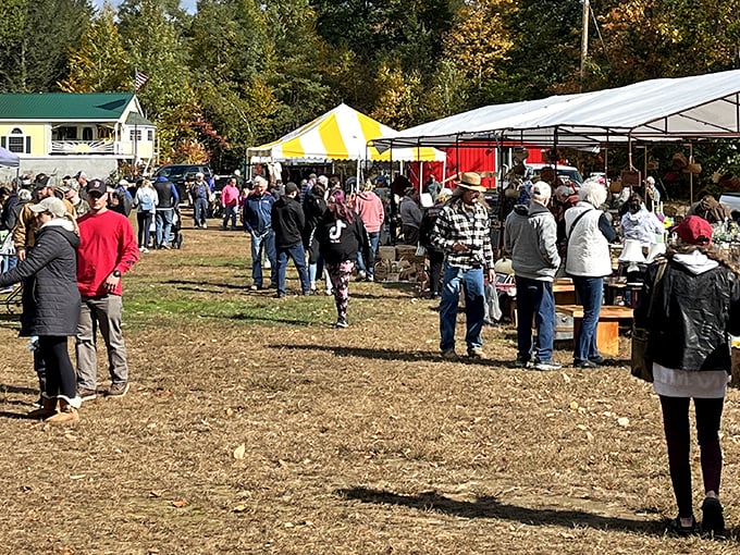 Fall's golden backdrop frames the bustling market crowd, where serious collectors and Sunday browsers alike hunt for that perfect something they didn't know they needed.