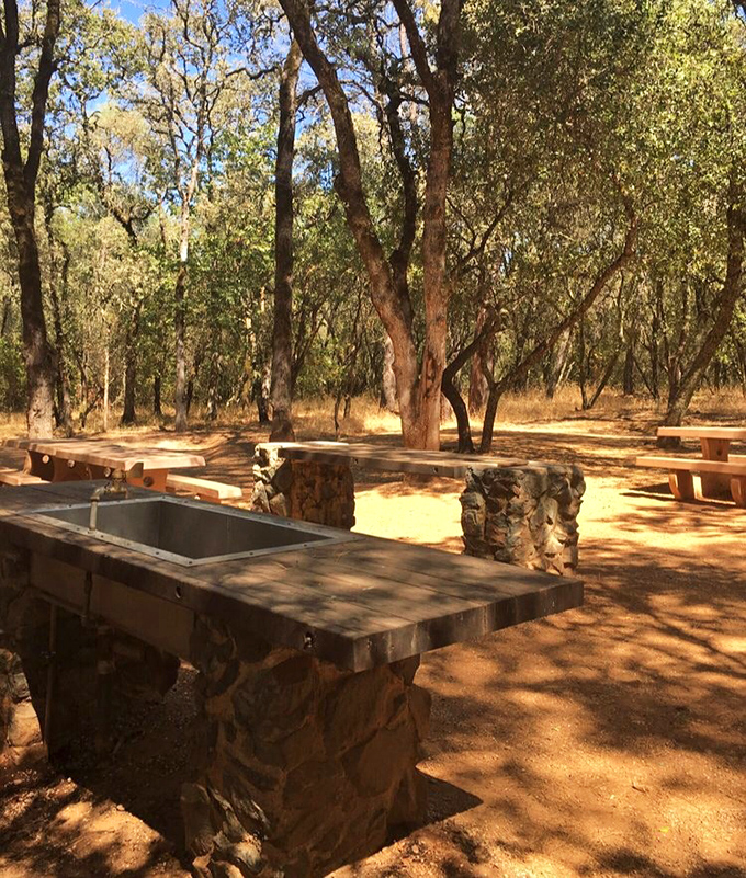Stone picnic tables beneath shady oaks create outdoor dining rooms where the dress code is "comfortable" and reservations aren't required.