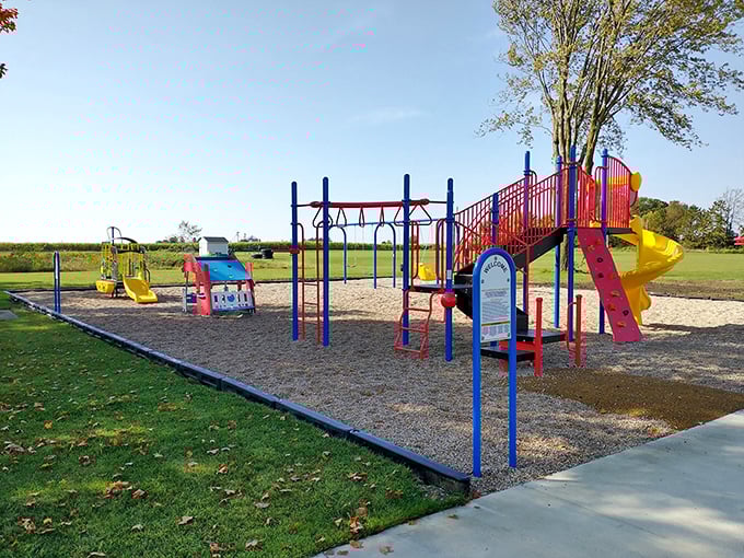Small-town playgrounds: where primary colors pop against green grass and childhood memories are made without a single app or download required.