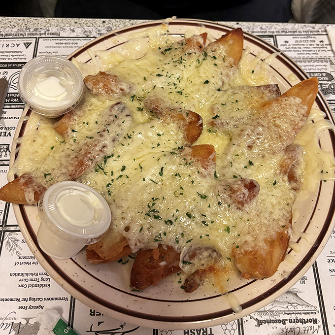 Potato skins wearing a melted cheese blanket, ready to transport you to a simpler time when calories were just theoretical numbers.