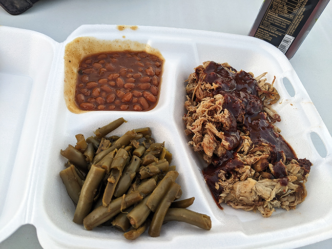 Now this is comfort! Tender pulled pork, sauced to perfection, alongside classic beans and green beans. A platter built for happiness.