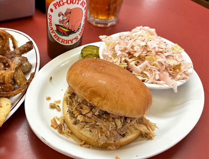 The pulled pork sandwich sits proudly beside creamy coleslaw, with that "Pig-Out" sauce bottle standing guard. A holy trinity of Southern comfort.